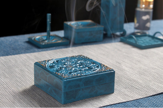 Royal Burnished Blue Brass Square Incense Set (10pcs Bamboo Gift Box ...